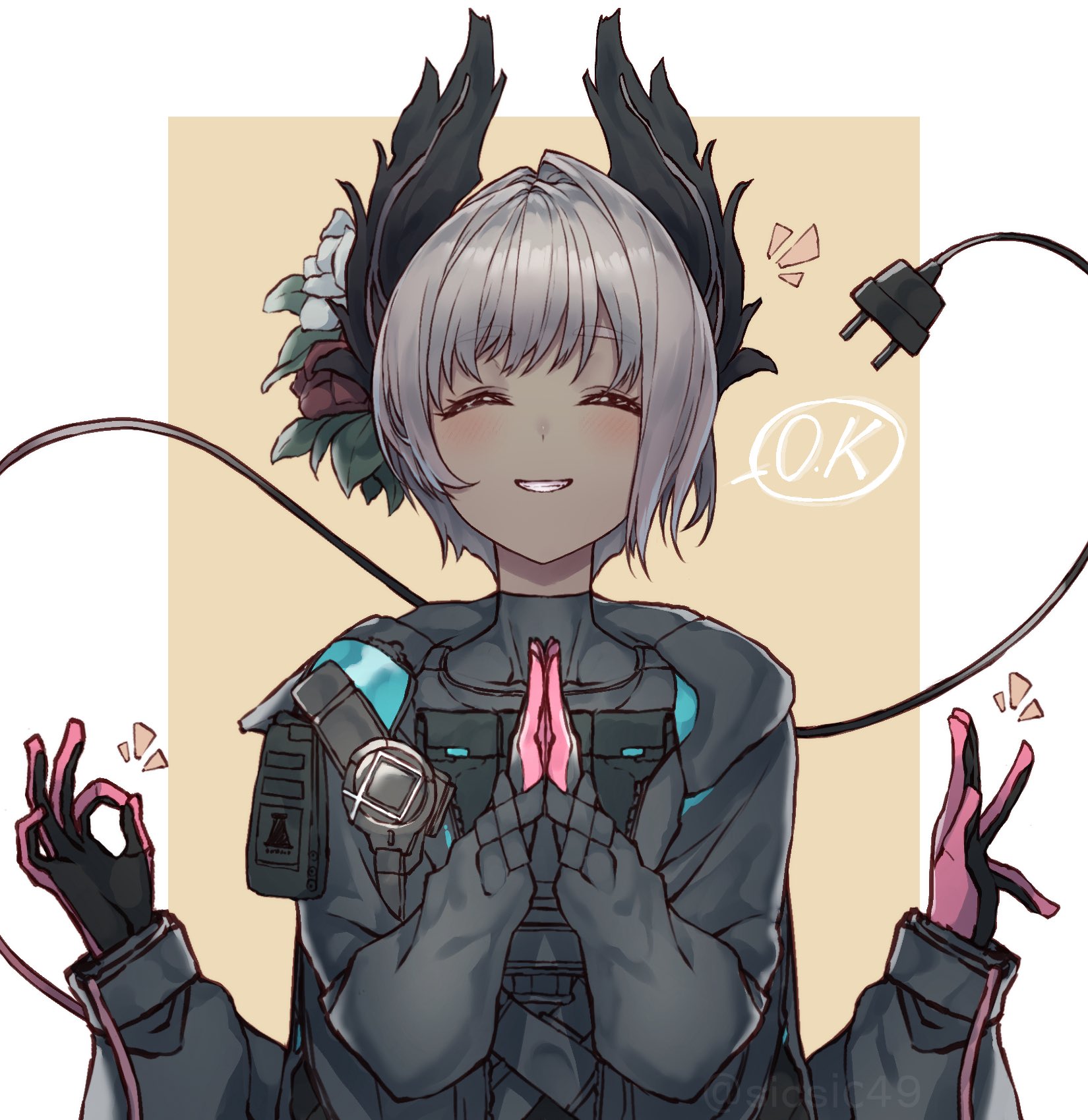 Safebooru - 1girl :d arknights black gloves black jacket blush border closed eyes commentary ...