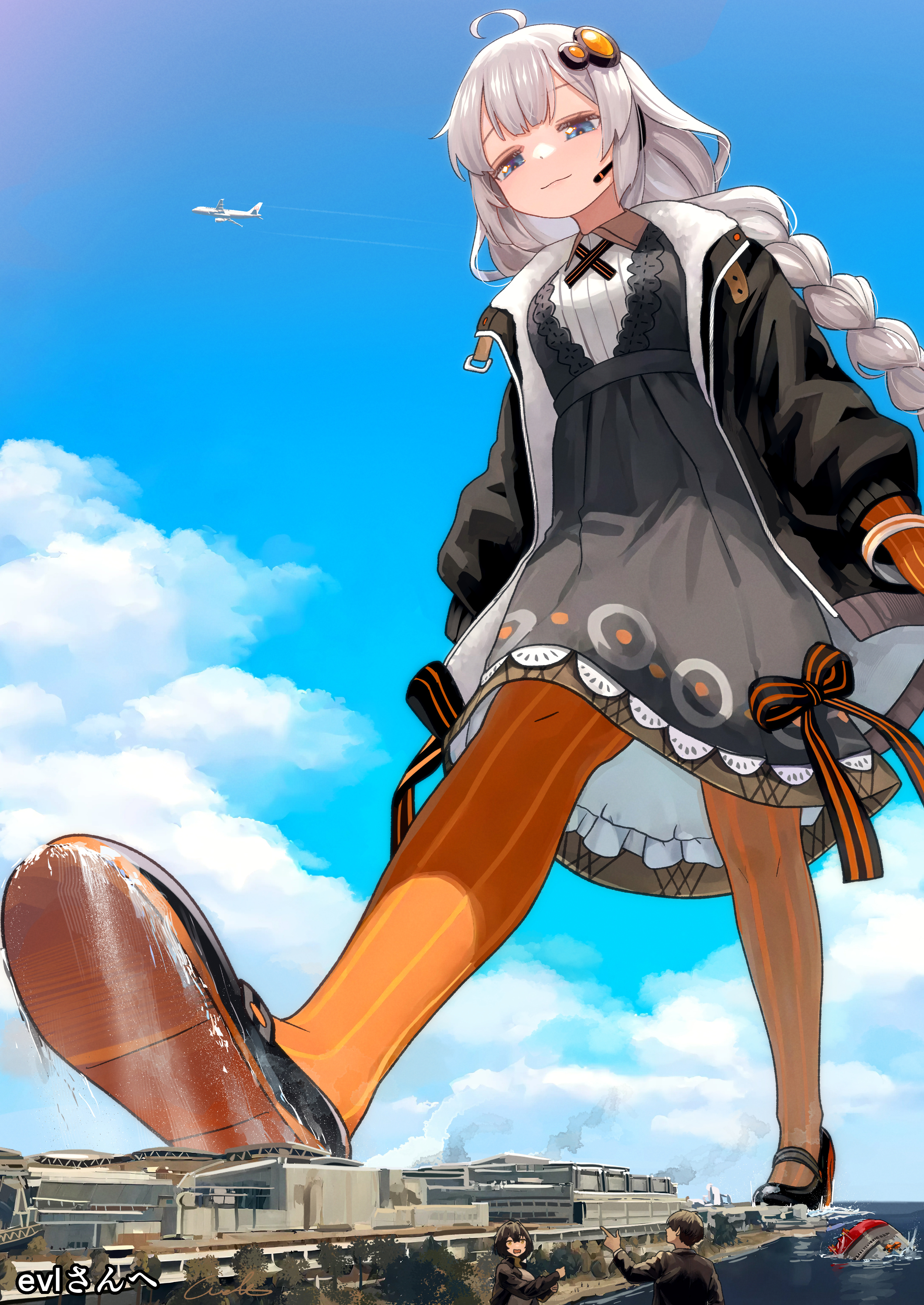 Safebooru - 1boy 2girls absurdres ahoge aircraft airplane black dress black jacket blue eyes ...