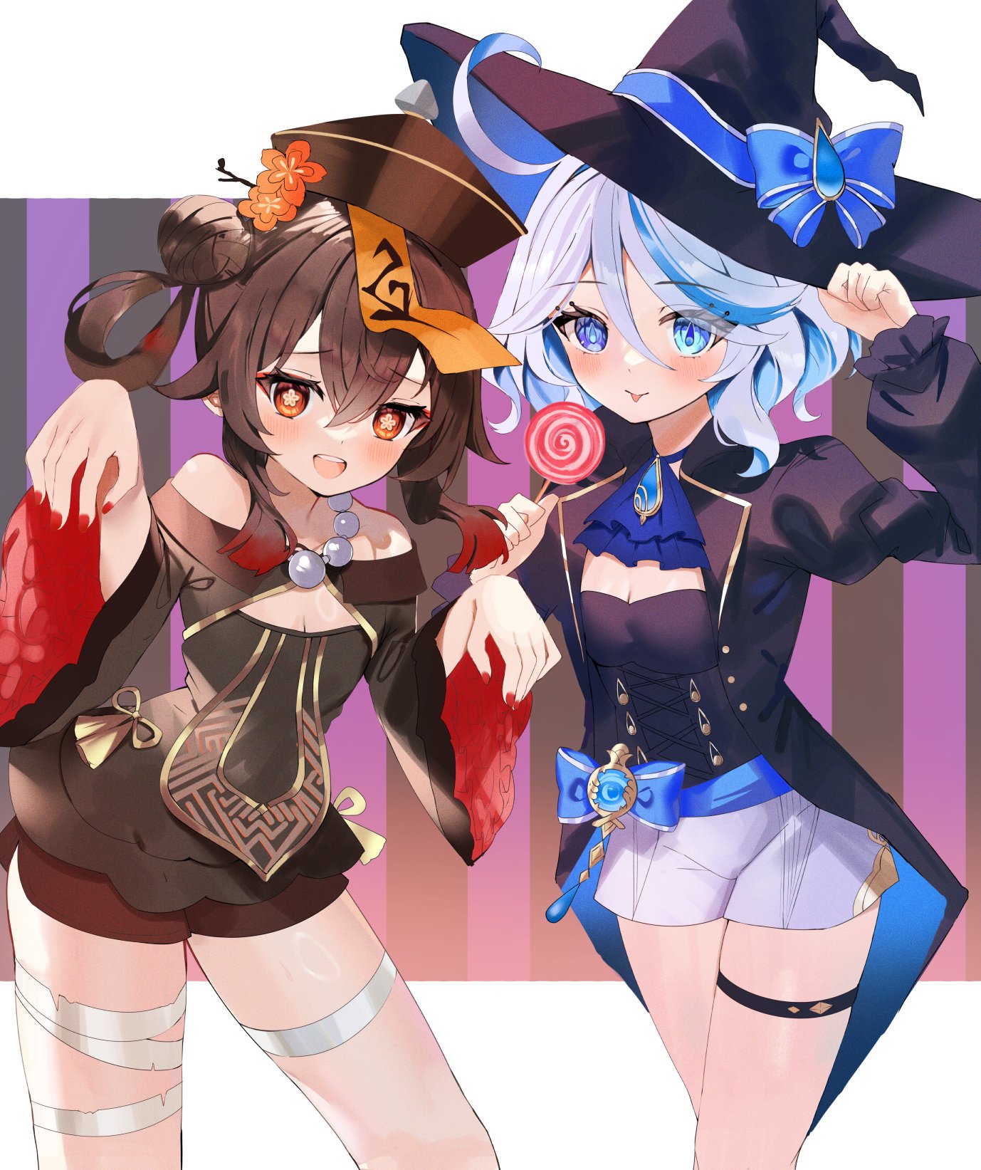 Safebooru - 2girls bead necklace beads black hat black jacket black shirt blue bow blue eyes ...