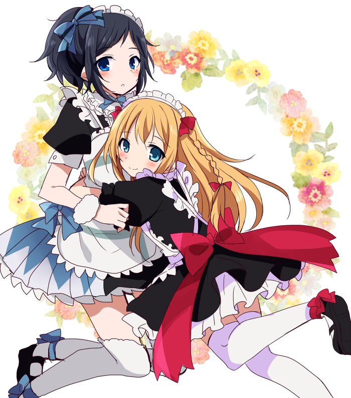 Safebooru - 2boys alternate costume apron black hair blonde hair blue eyes bow braid ...