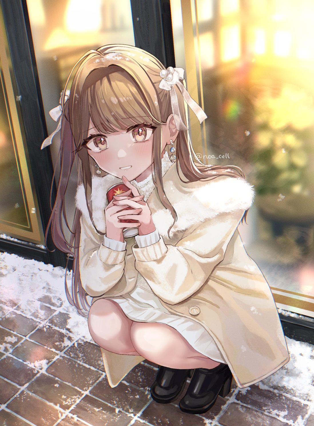 Safebooru - 1girl animal ears black shoes blush brown eyes brown hair coat highres long hair ...