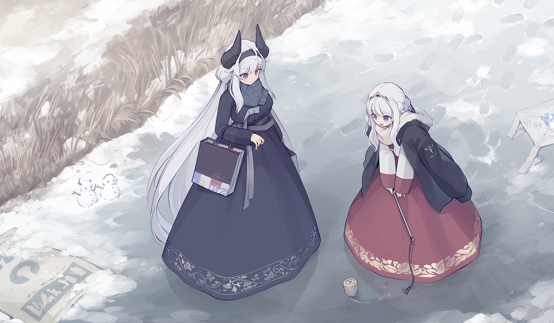 Safebooru - 2girls absurdly long hair asicah asta (asicah) bag black coat black dress blue eyes ...