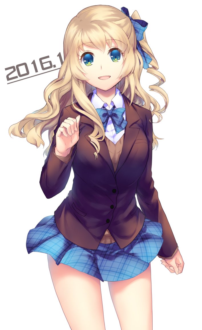 Safebooru - 1girl 2016 :d blazer blonde hair blue skirt bow character request cowboy shot dated ...