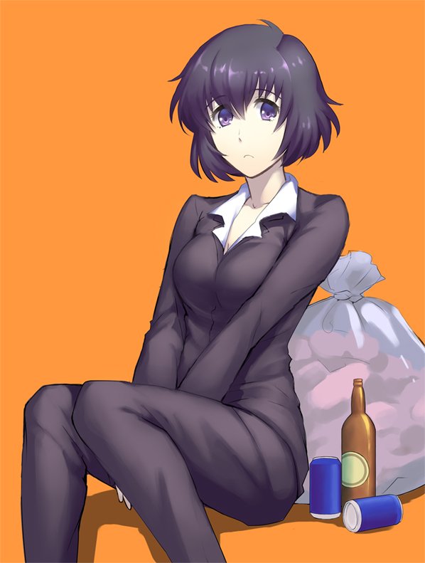 Safebooru - 1girl black hair bottle can chain sumeragi formal frown ...