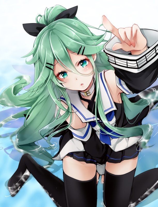 Safebooru - 1girl akatsuki hijiri bare shoulders black legwear black ribbon black serafuku blue ...