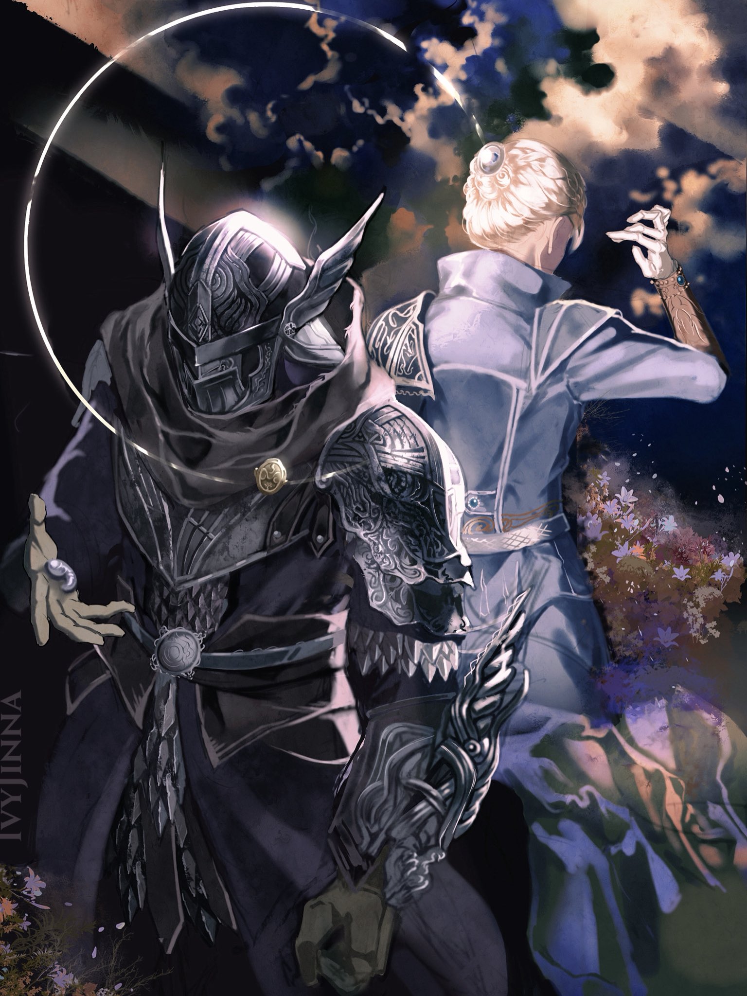 Safebooru - 1boy 1girl armor blonde hair blue surcoat braid clouds crown braid duchess (elden ...