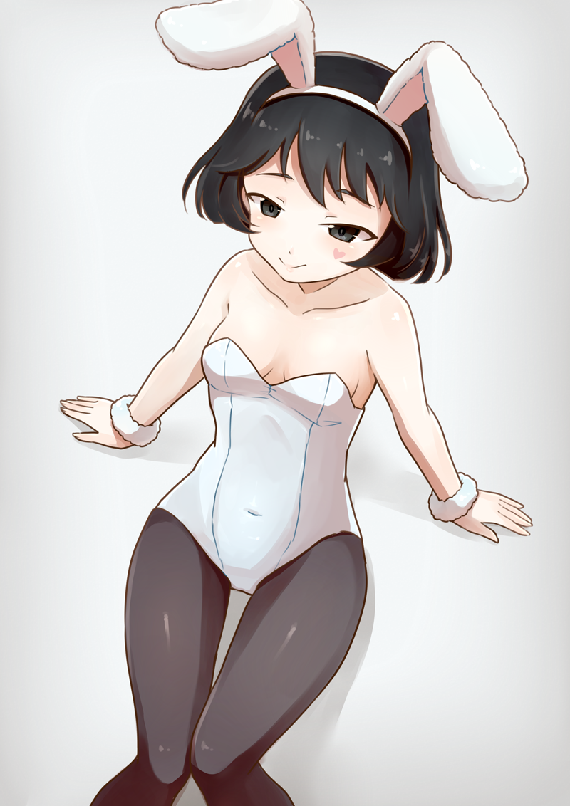 Safebooru - 1girl animal ears arm support bangs black eyes black hair black legwear breasts ...