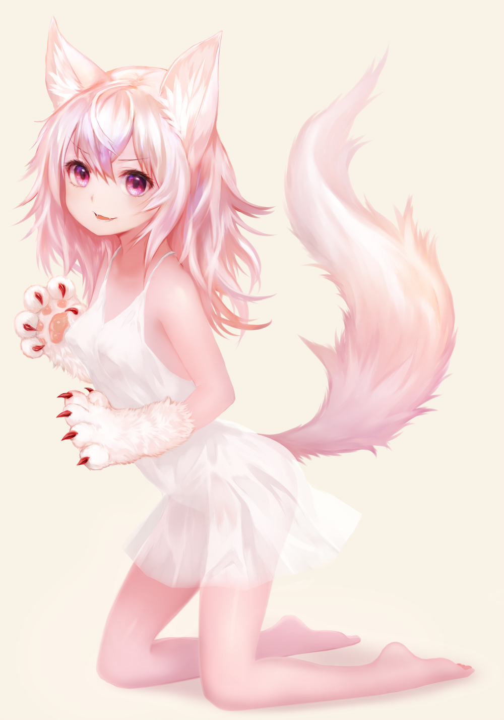 Safebooru - >:) 1girl animal ears bangs breasts dress eyebrows visible through hair fangs fox ...