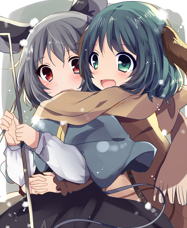 Safebooru - 2girls :d animal ears capelet dowsing rod fang green eyes green hair grey hair hug ...
