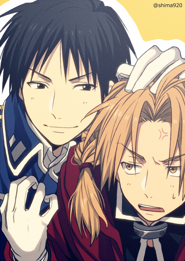 Safebooru - 2boys anger vein black eyes black hair blonde hair braid edward elric fullmetal ...
