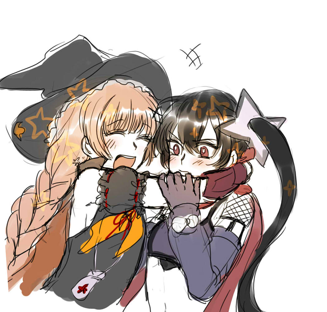 Safebooru - 2girls arms around neck black hair blonde hair blush closed eyes embarrassed happy ...