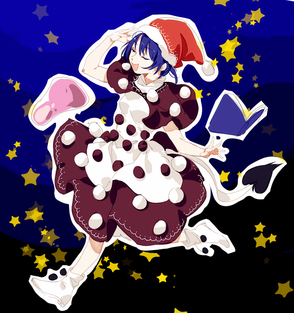 Safebooru - 1girl blue hair book closed eyes doremy sweet dress hat hug ...