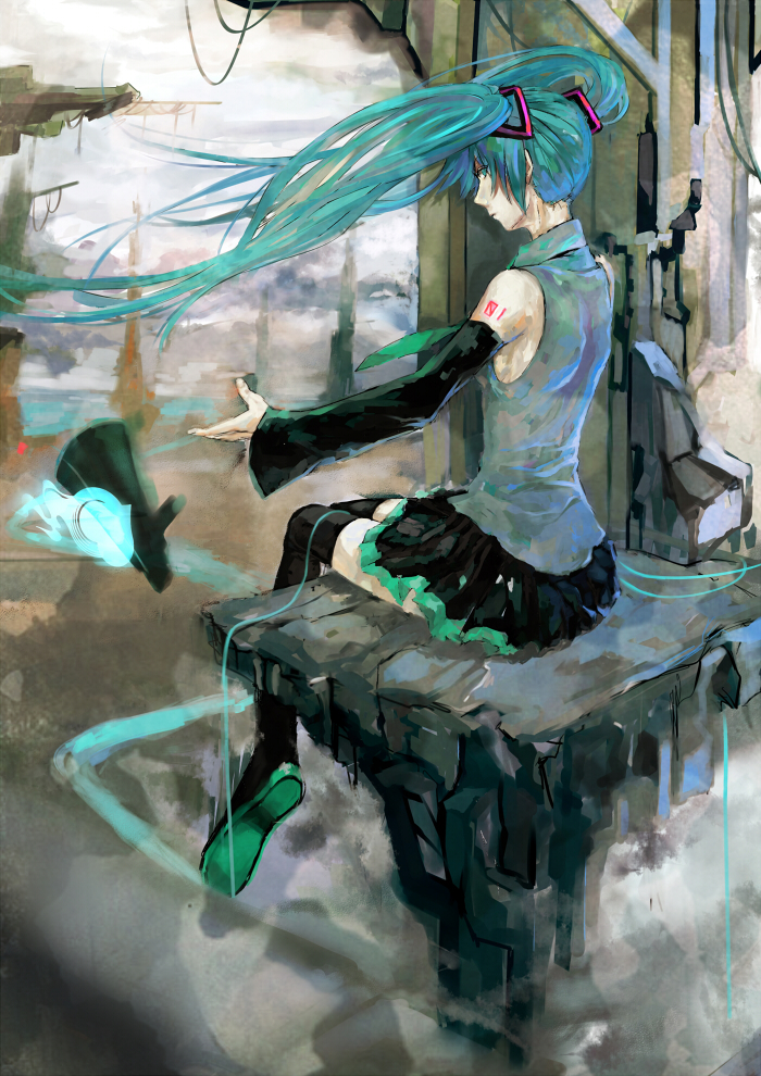 Safebooru - 1girl aqua eyes aqua hair aqua necktie black skirt black sleeves building detached ...