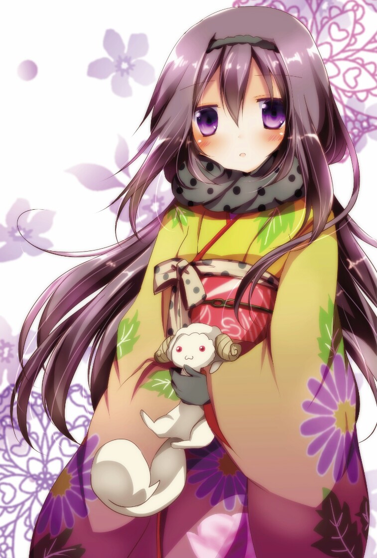 Safebooru - 1girl :3 akemi homura black hair blush floral background hairband japanese clothes ...