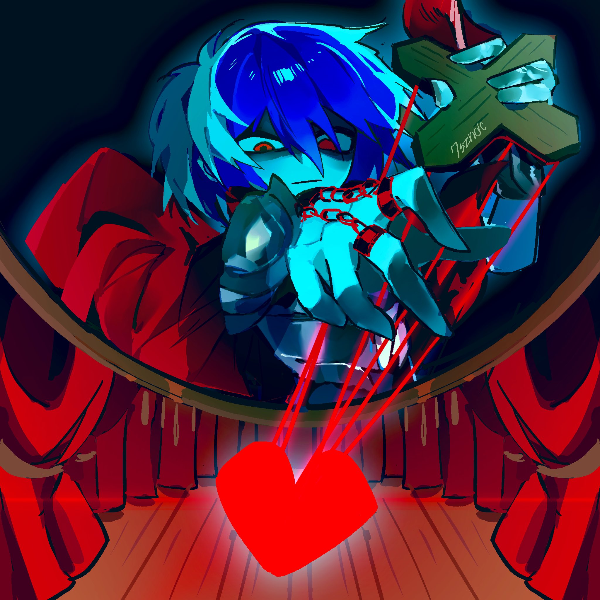 Safebooru - 1other 7szndc blue hair blue skin chain colored skin ...