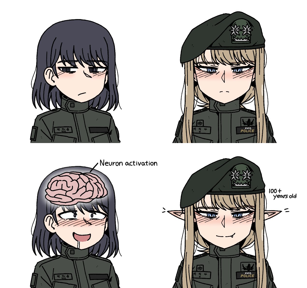 Safebooru - 2girls :d black eyes blonde hair blush brain commentary elf ...