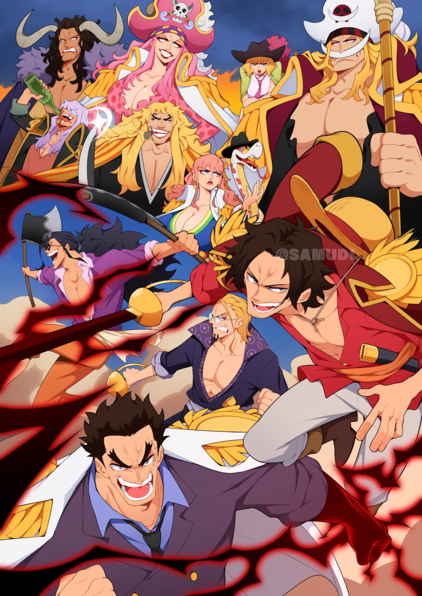 Safebooru - 3girls 6+boys aged down axe beard black hair black hat ...