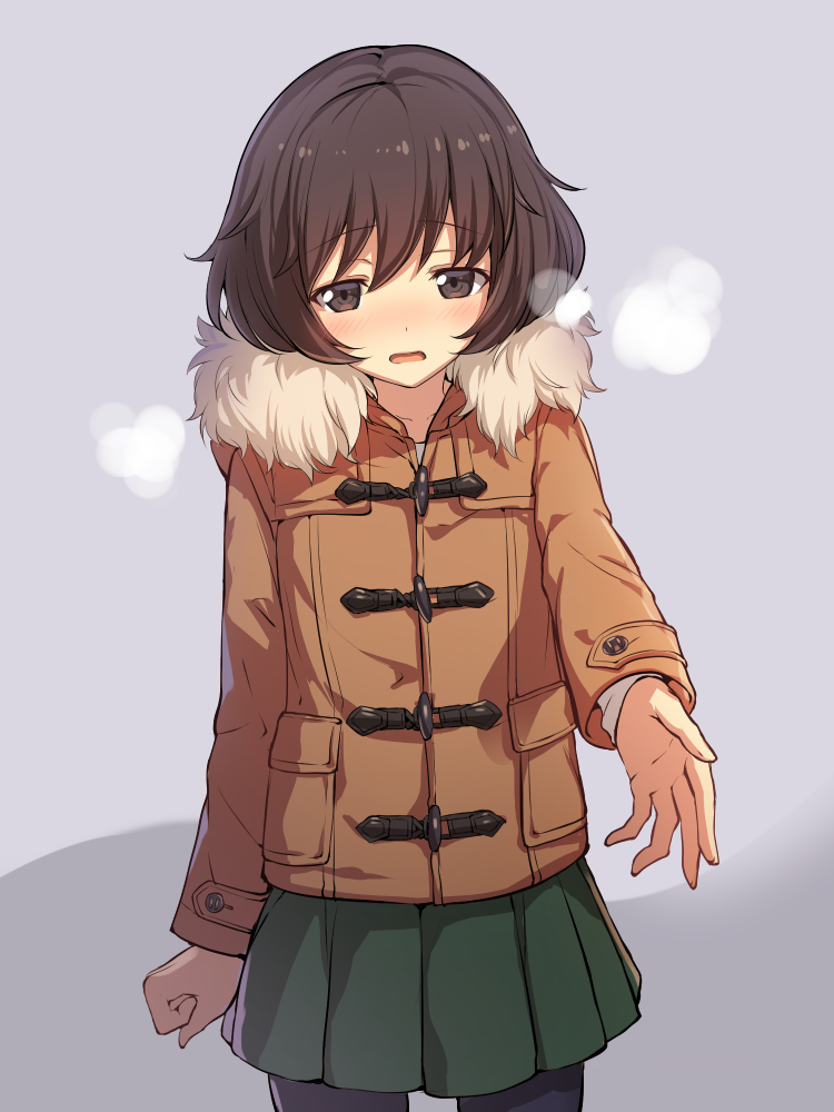 Safebooru - 1girl akiyama yukari black legwear blush brown eyes brown hair clenched hand coat ...