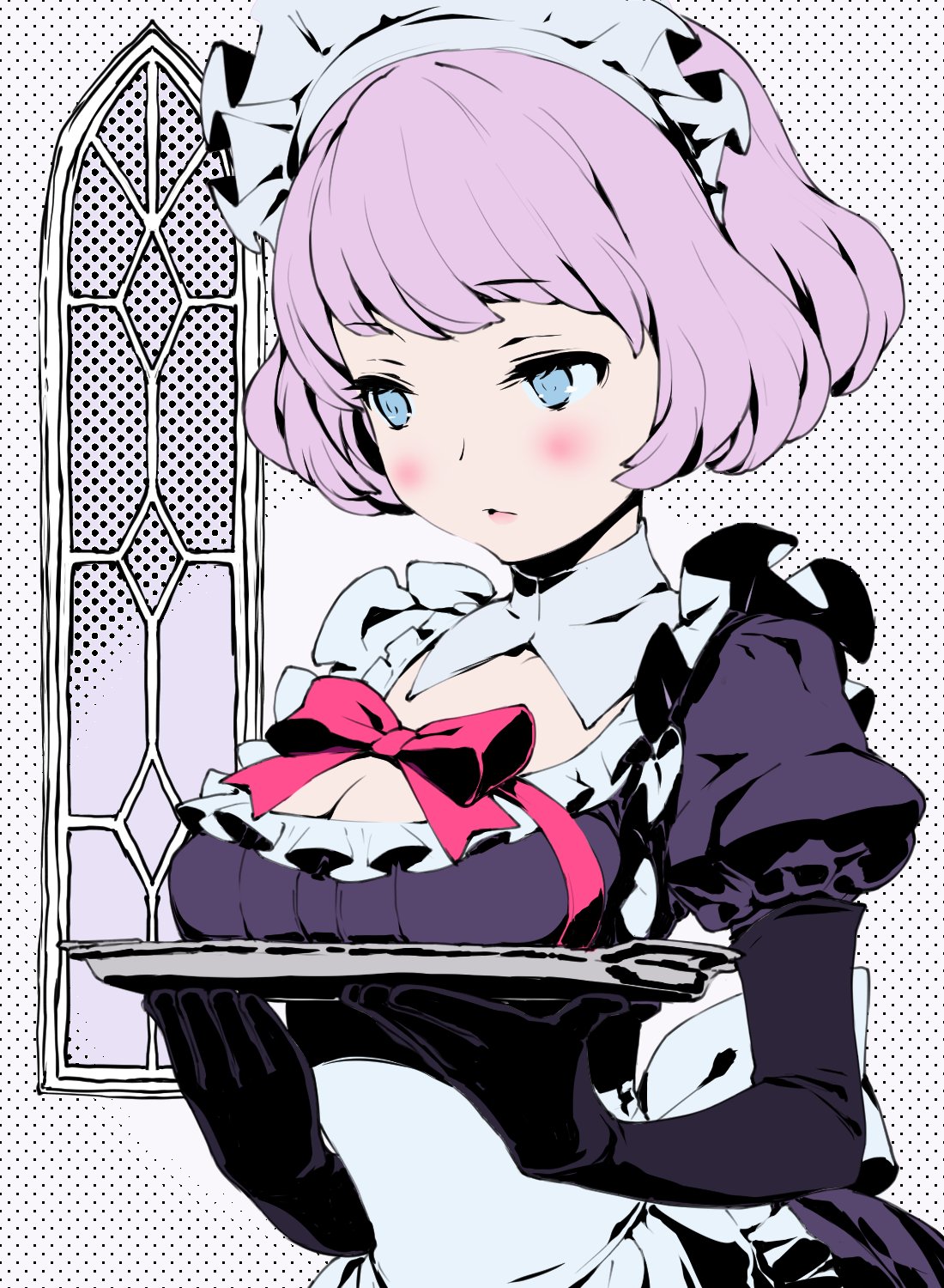 Safebooru 1girl Apron Blue Eyes Blush Bob Cut Bow Breast Rest Breasts 9183
