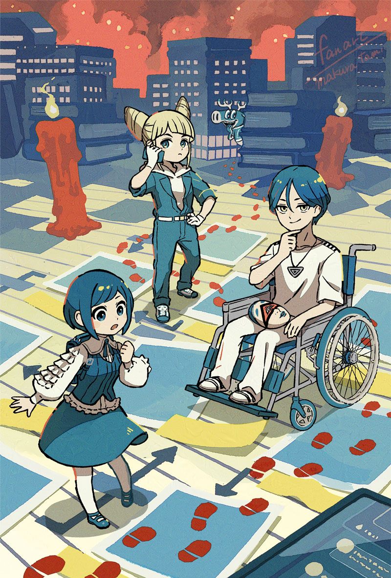 Safebooru - 1boy 2girls blonde hair blue eyes blue hair book book stack ...