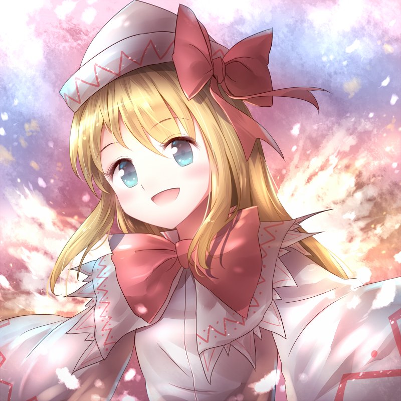 Safebooru - 1girl :d blonde hair blue eyes blush bow bowtie capelet hair bow hat large bow lily ...