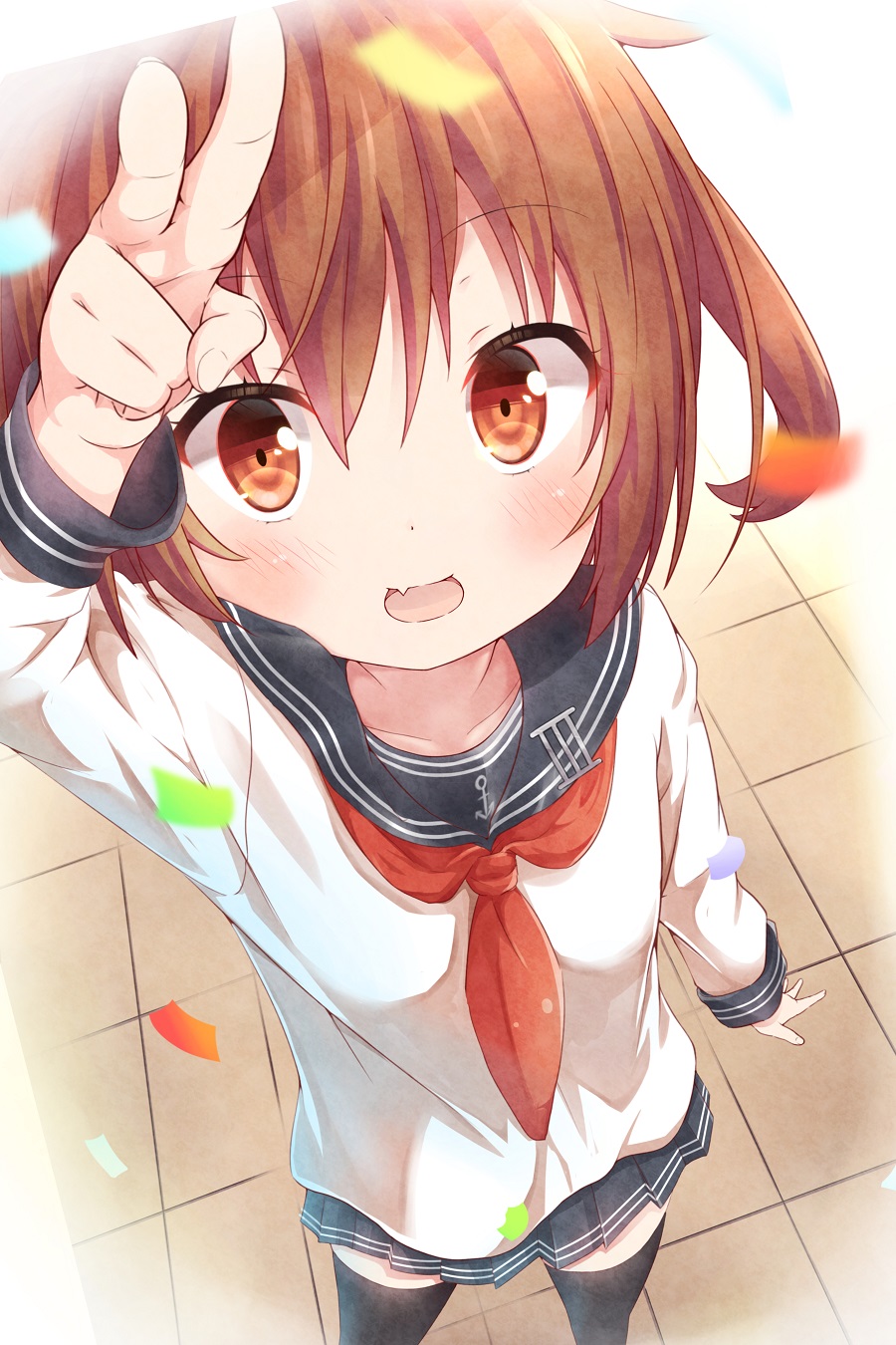 Safebooru - 1girl :d black legwear black skirt brown eyes brown hair ...