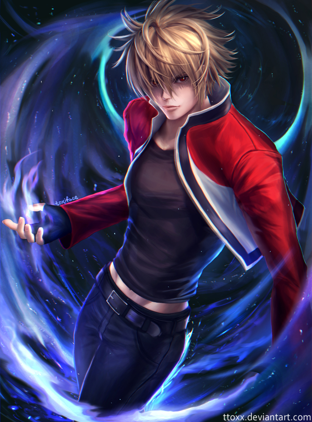 Safebooru - 1boy artist name aura belt black gloves black pants black shirt blonde hair ...