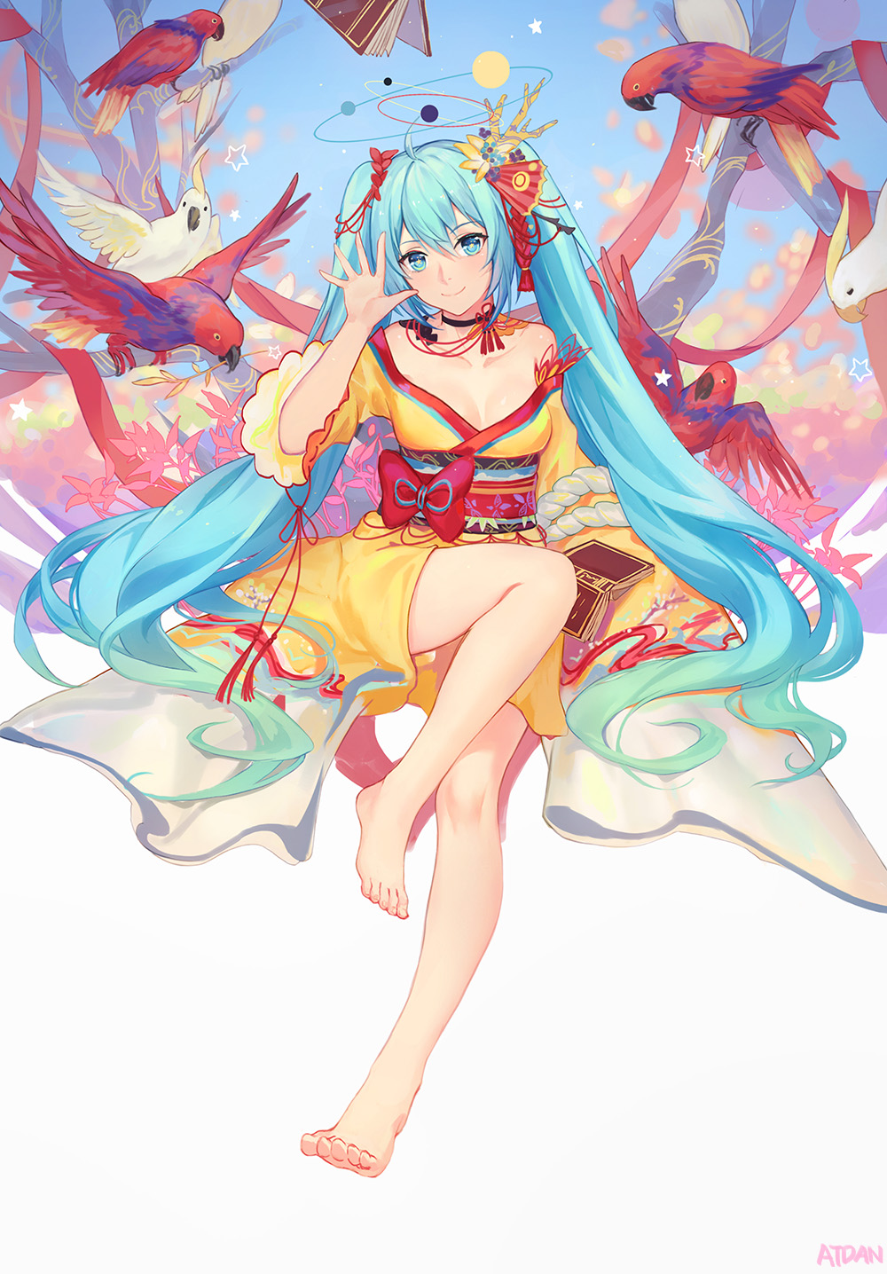 Safebooru - 1girl ahoge aqua eyes aqua hair arm up atdan bangs barefoot bird book bow breasts ...