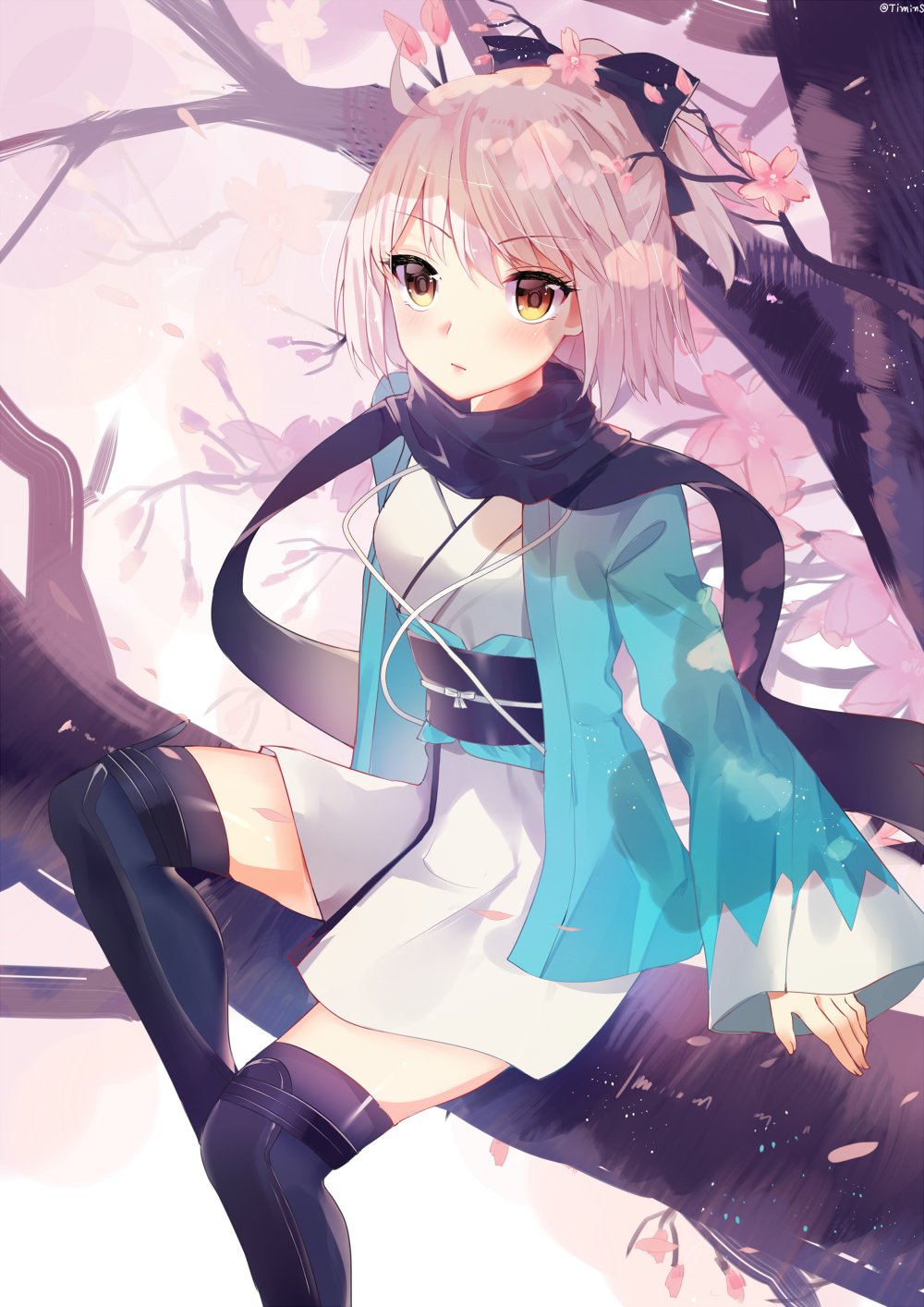 Safebooru - black eyes blonde hair blush dress fate/extra kimono sakura ...