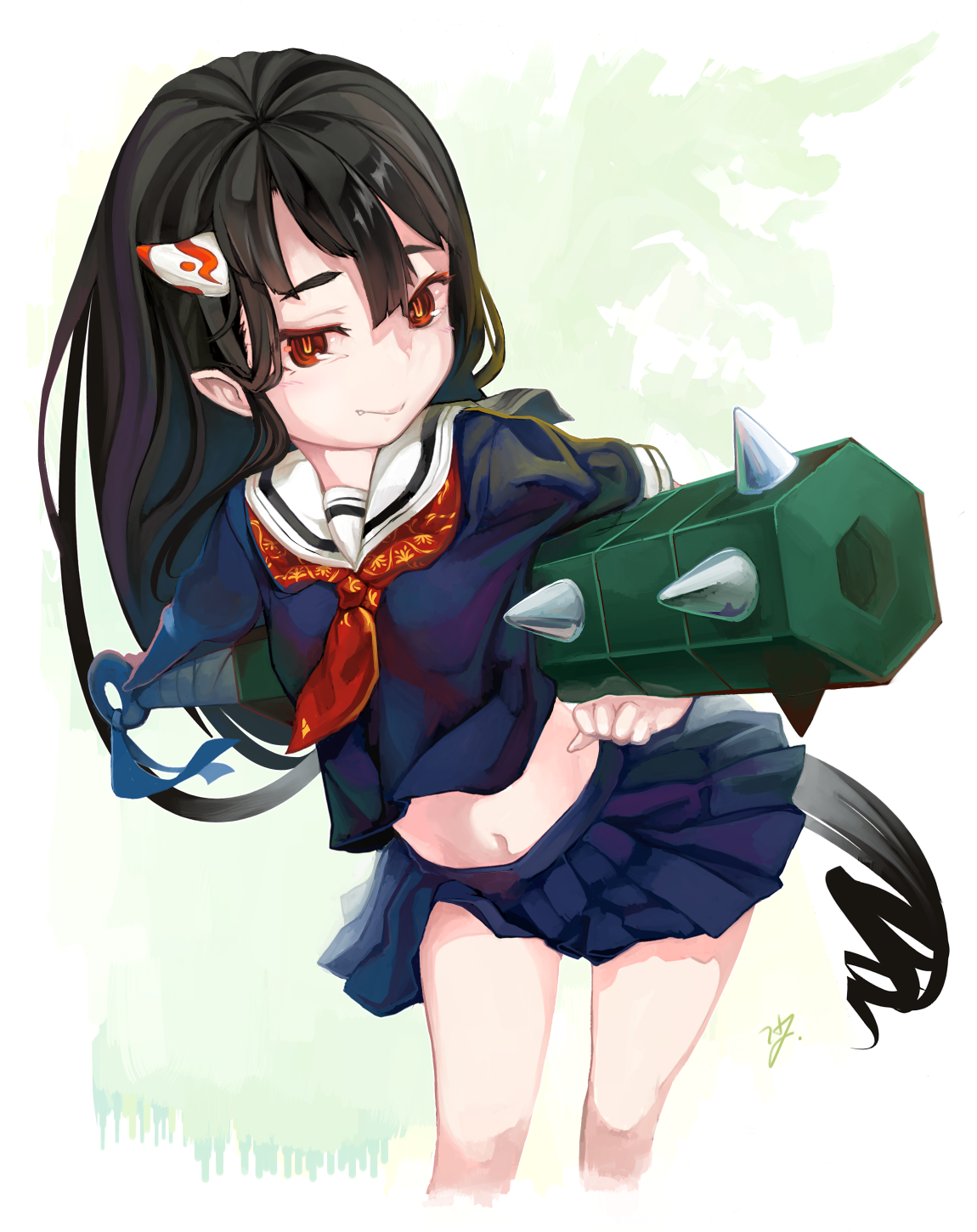 Safebooru - 1girl black hair black serafuku black skirt club cropped legs fang out highres horn ...