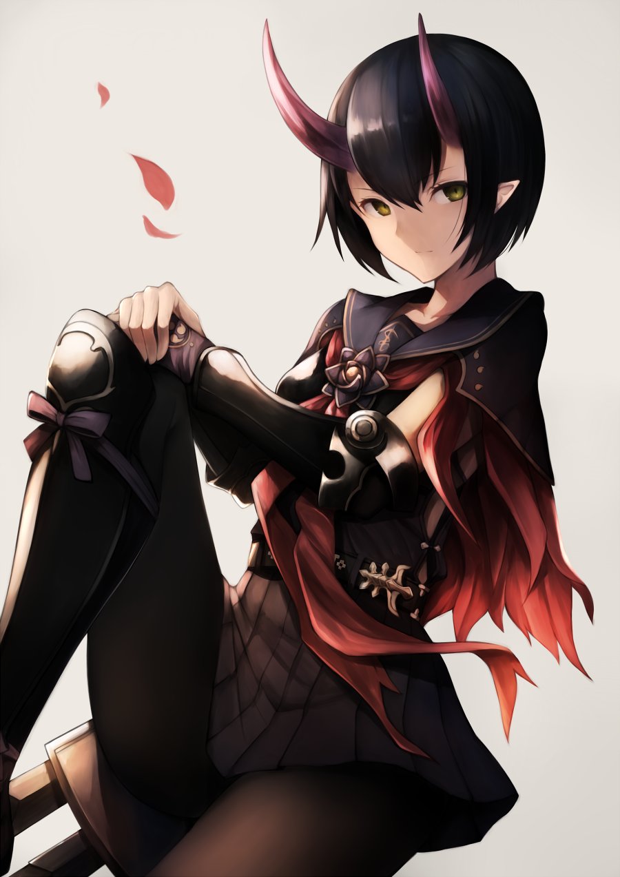 Safebooru - 1girl armor armored boots asymmetrical horns bangs belt black boots black hair black ...