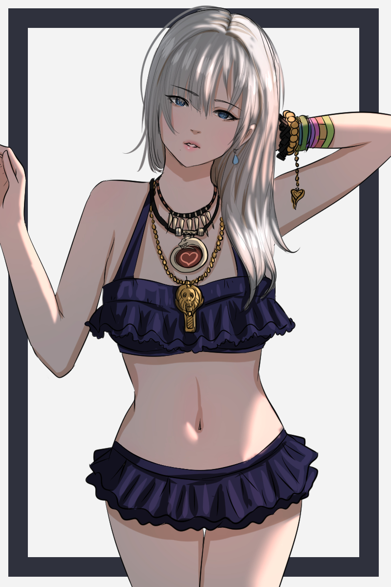 Safebooru - 1girl bangs bare shoulders bikini bikini skirt blue bikini blue eyes bracelet cowboy ...