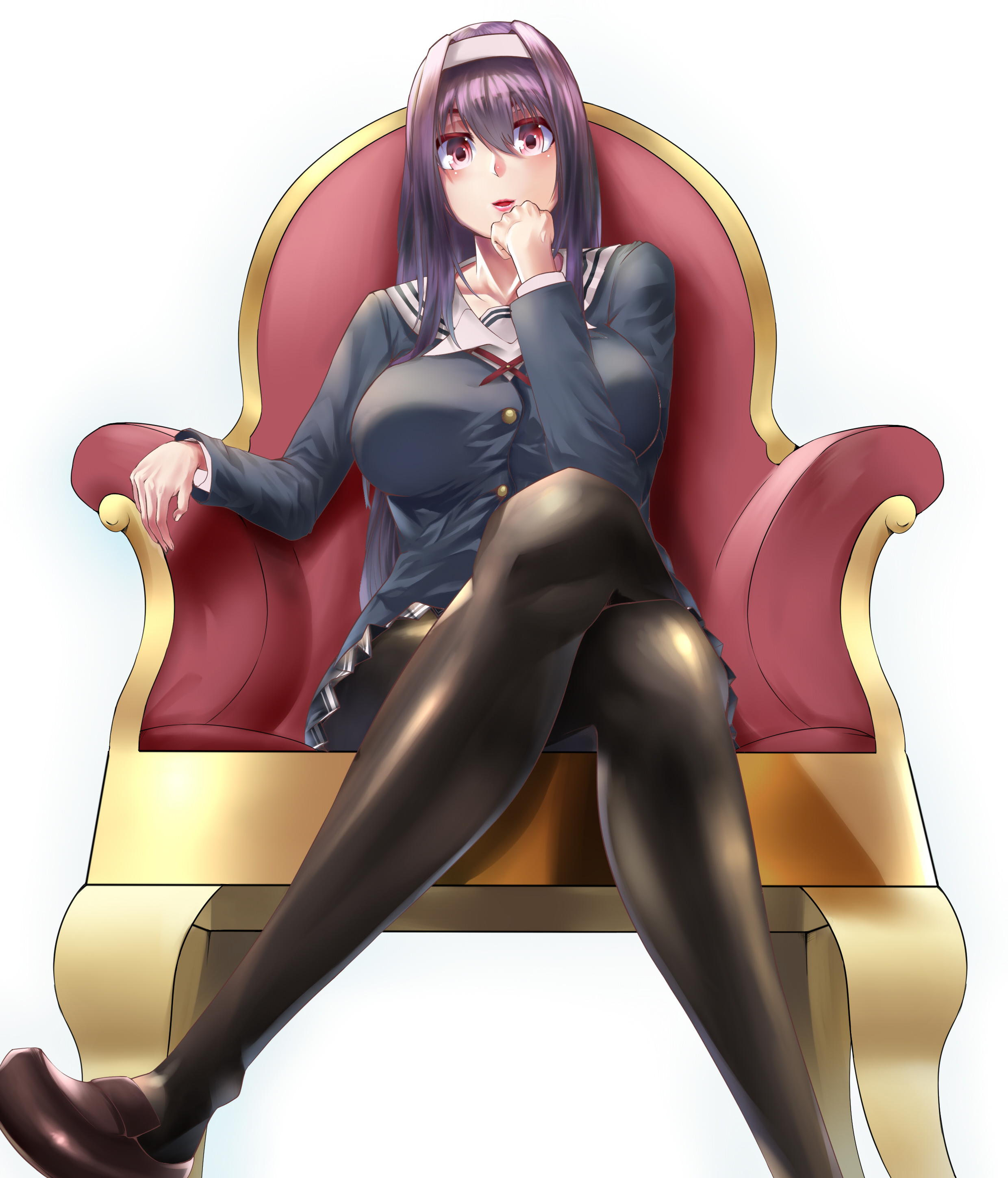 Safebooru - 1girl absurdres armchair bangs black legwear black skirt blush breasts brown shoes ...