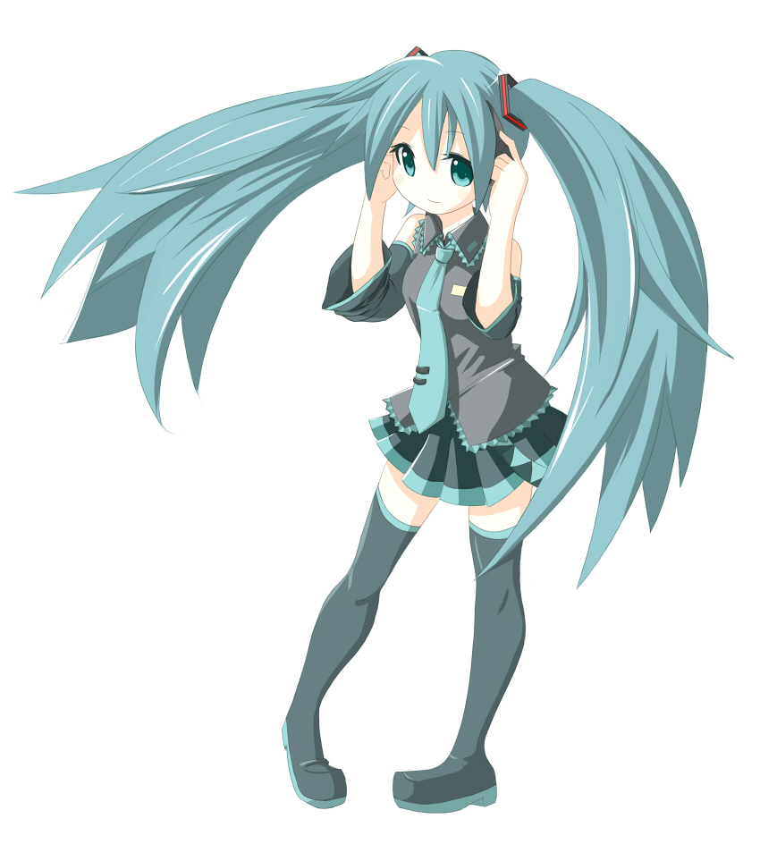 Safebooru - aqua hair detached sleeves hands on headphones hatsune miku headphones machily miko ...