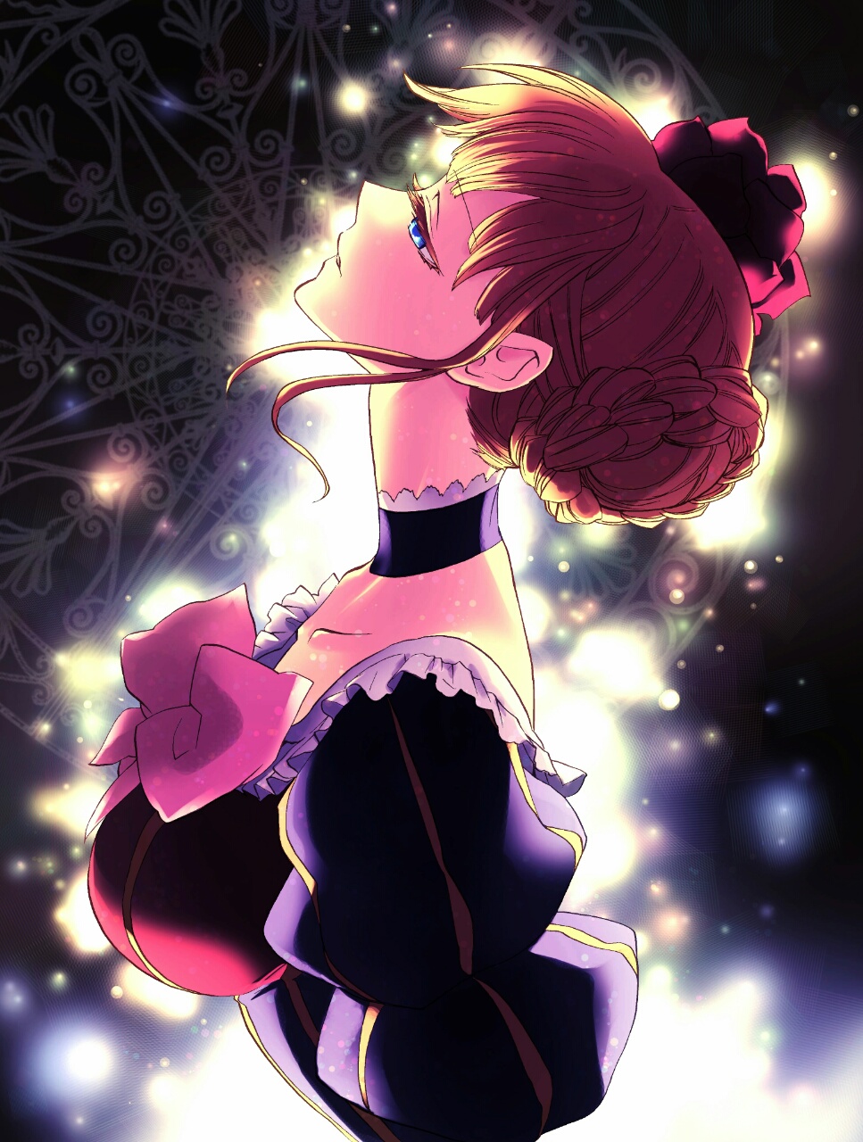 Safebooru - 1girl beatrice blonde hair blue eyes bow choker cropped torso flower glowing hair ...