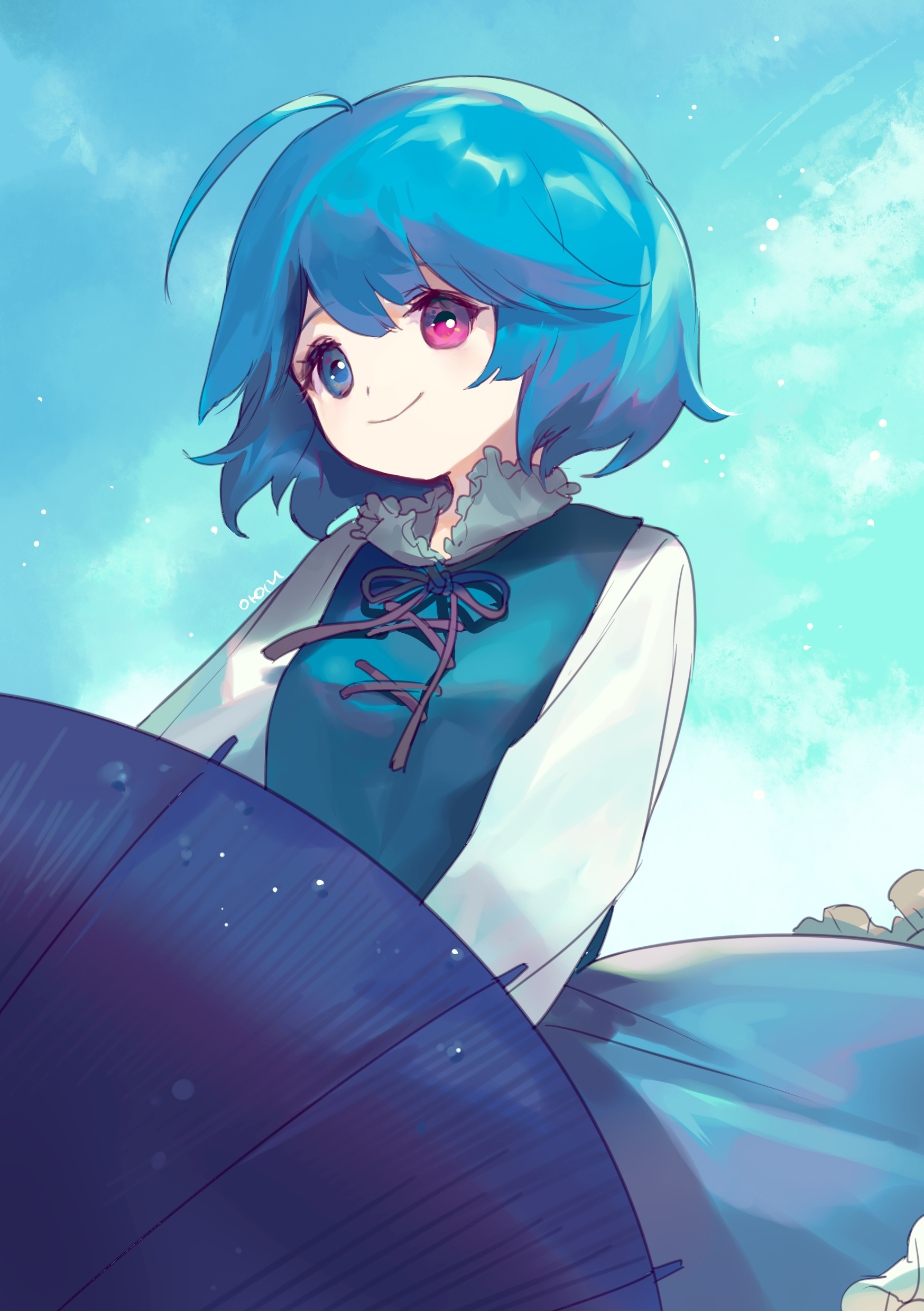 Safebooru - 1girl absurdres ahoge ainy77 artist name blue eyes blue hair blue skirt blue sky ...