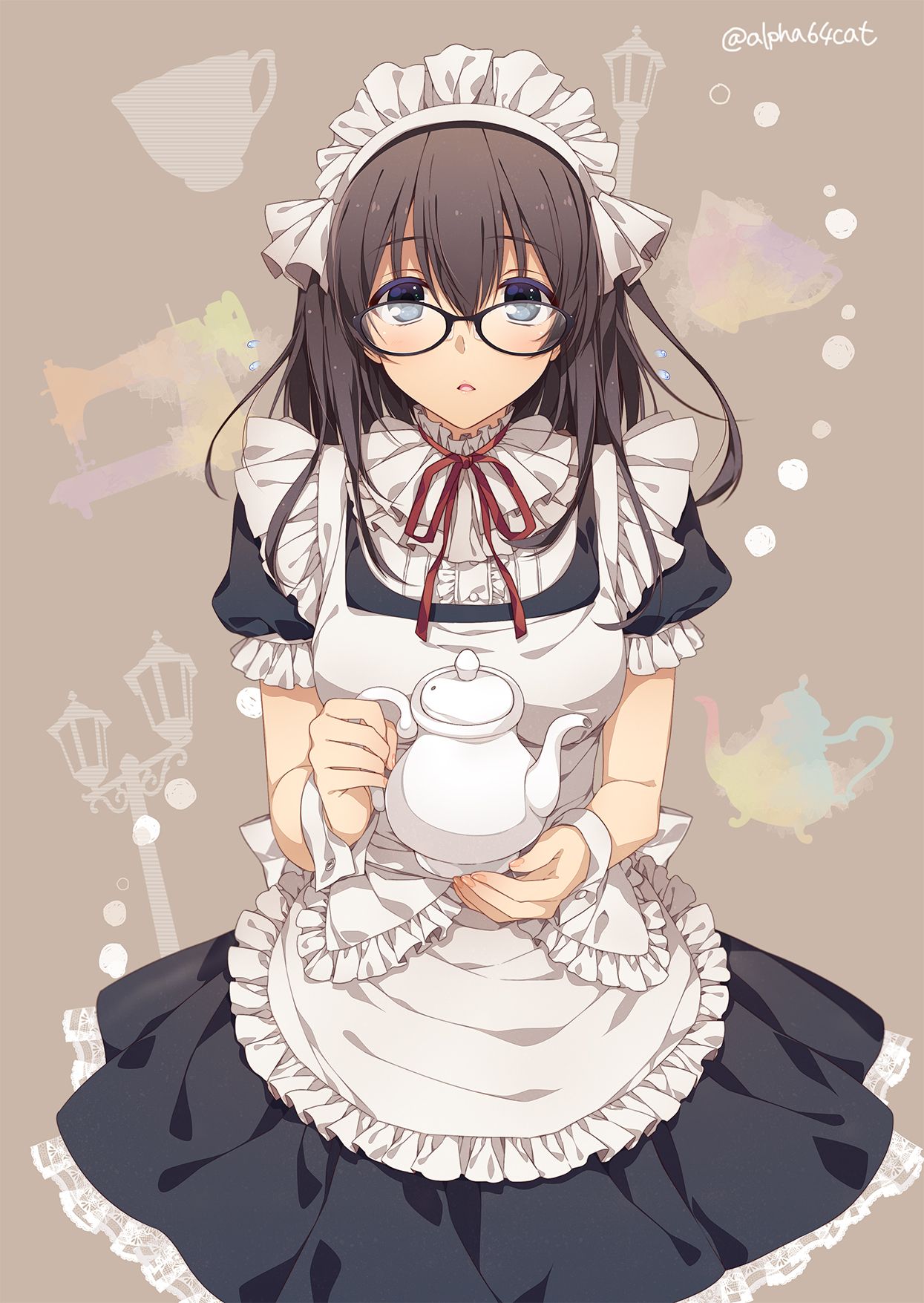 Safebooru - 1girl alpha (yukai na nakamatachi) apron artist name bangs black-framed eyewear ...