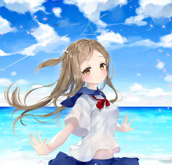 Safebooru - 1girl blouse blue skirt blue sky blush breasts brown eyes brown hair closed mouth ...