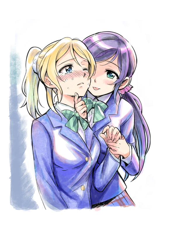 Safebooru - 2girls ayase eli blazer blonde hair blue eyes blush chin grab green eyes hand grab ...