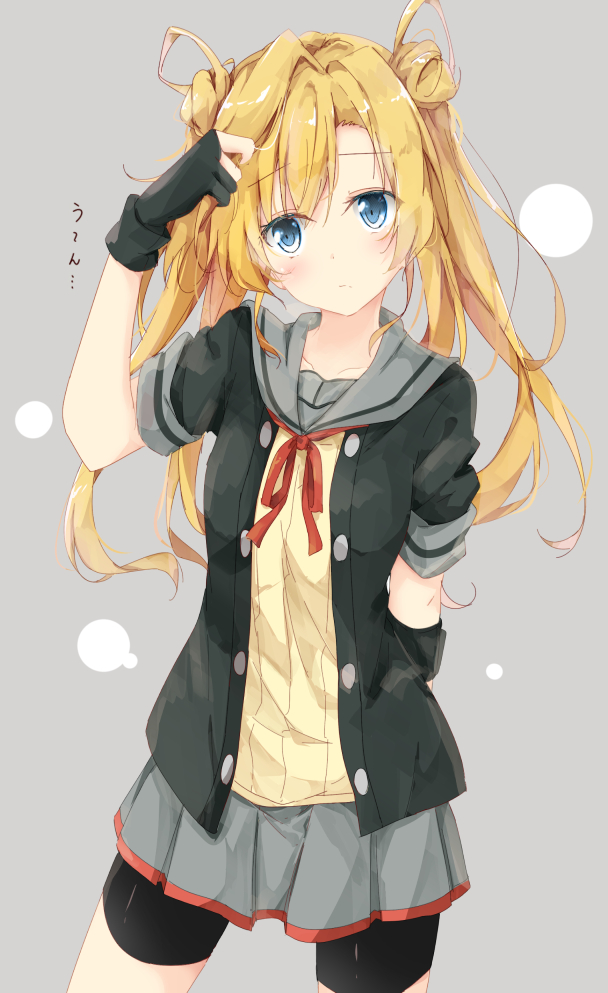 Safebooru - 1girl abukuma (kantai collection) arm behind back bike shorts black gloves blonde ...