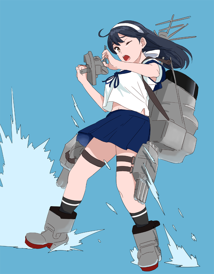 Safebooru - 1girl bangs black legwear blue background blue hair blue neckwear blue skirt breasts ...