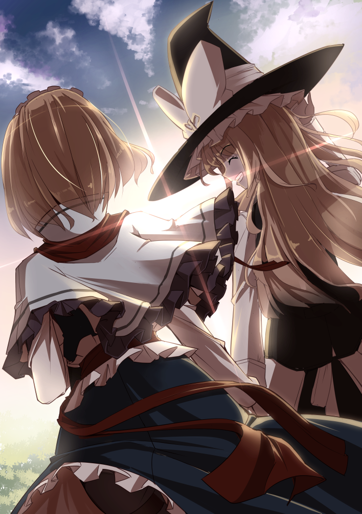 Safebooru - 2girls ^ ^ alice margatroid backlighting black dress blonde hair blue dress bow ...