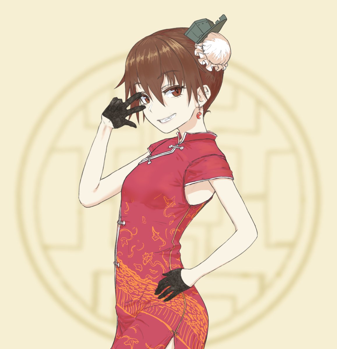 Safebooru - 1girl alternate costume alternate hairstyle black gloves brown eyes brown hair china ...