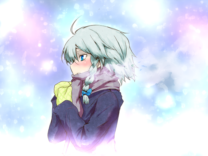Safebooru - cold izayoi sakuya mittens ribbon ribbons scarf short hair ...