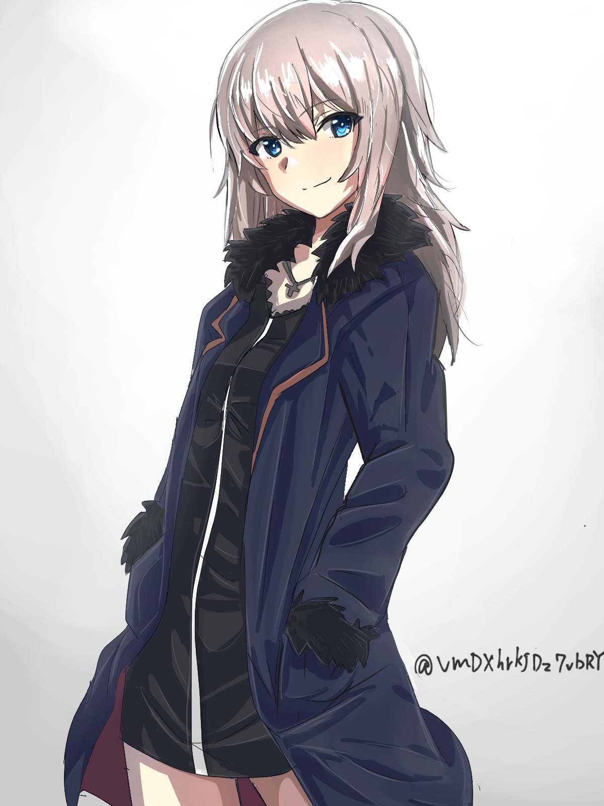 Safebooru - 1girl bangs black dress blue coat casual closed mouth coat cowboy shot cross dress ...