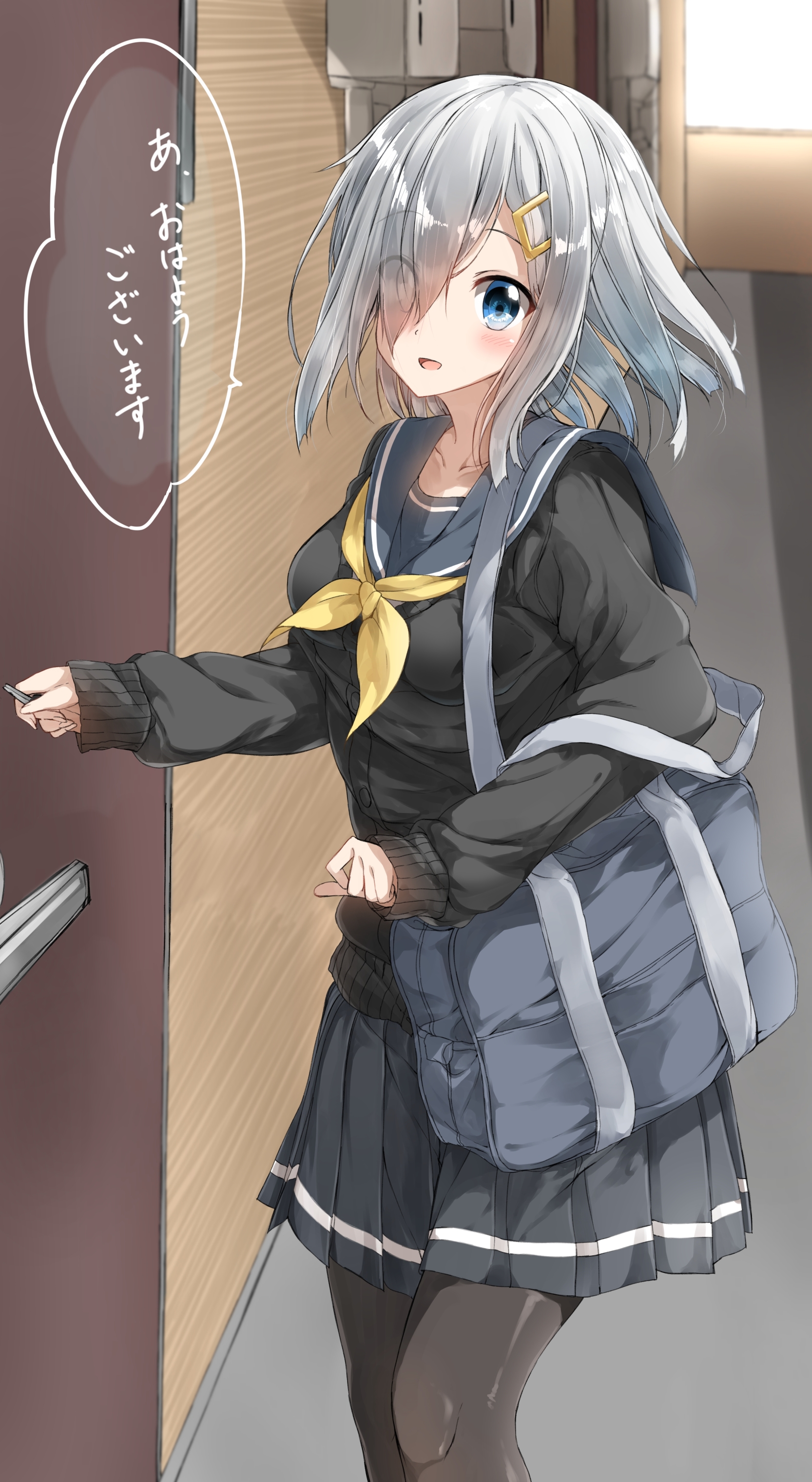 Safebooru - 1girl :d absurdres bag black jacket black legwear black serafuku blue eyes blue ...