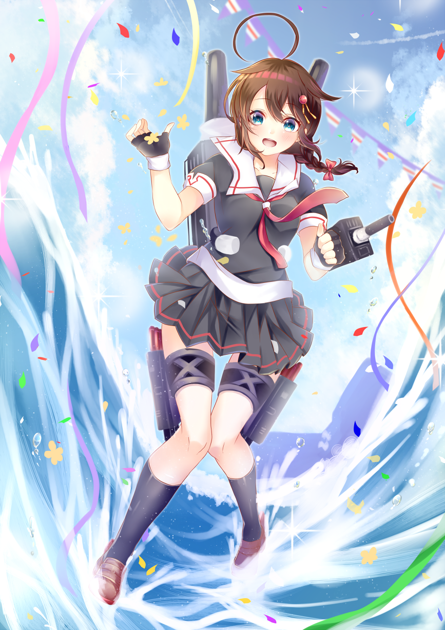 Safebooru - 1girl :d ahoge black gloves black legwear black serafuku black skirt blue eyes braid ...