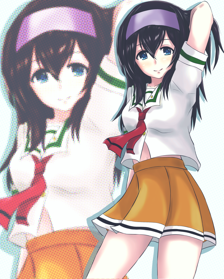 Safebooru - 1girl alternate costume arm behind head arm up black hair blue eyes breasts ...
