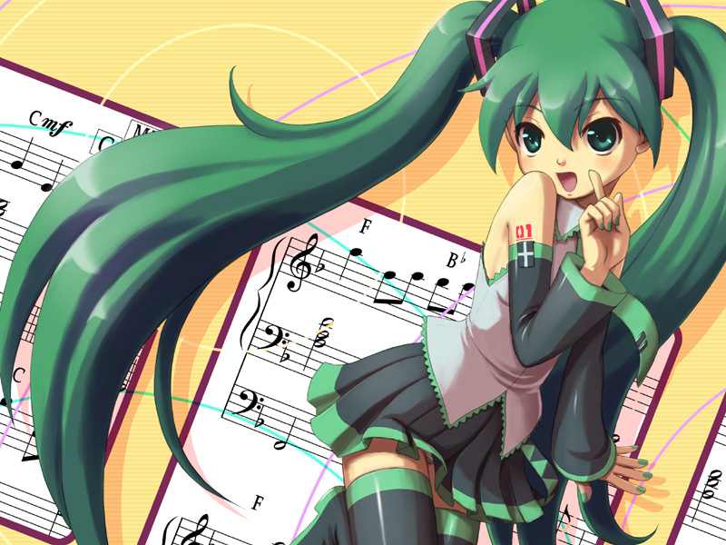 Safebooru - hatsune miku musical note sheet music thighhighs twintails ...