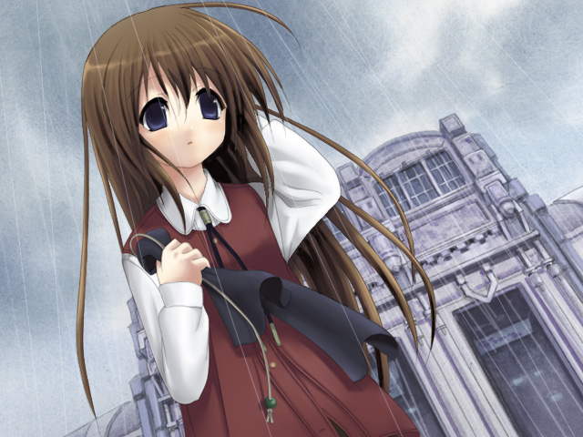 Safebooru - arietta fine brown hair cloud clouds long hair rain ribbon ...